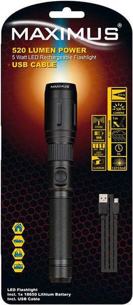 Φακος Maximus Μπαταριας LED Επαναφορτιζομενος 520 Lumens ΕΩΣ 195 Μ Με ...