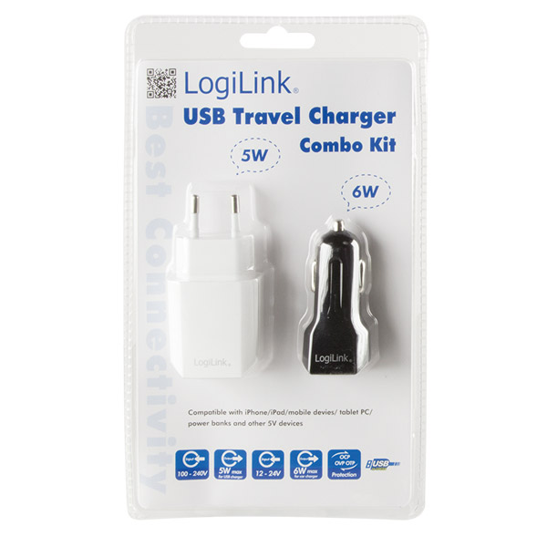 Logilink Pa0109 USB Travel Charger Combo KIT 220v + 12v, AC 5v/1a, CAR ...