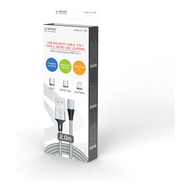 Savio Cl-156 USB Magnetic Cable 3 IN 1 Type-c, Micro Usb, Lightning 2M ...