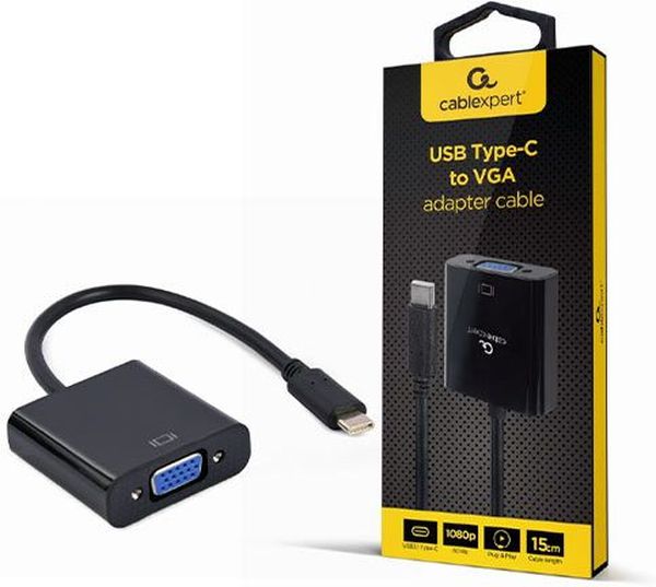 Cablexpert USB Type-c TO VGA Adapter Cable 15cm Black Retail Pack A-cm ...